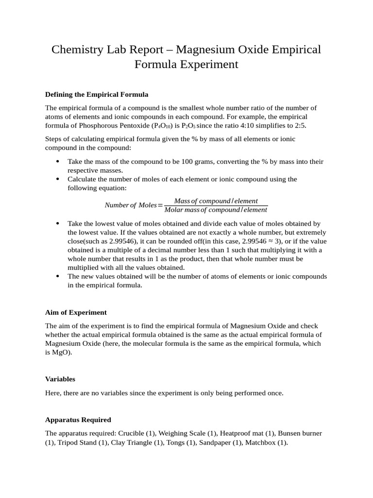 Chemistry Lab Report - MgO Experiment[1] for Reference | PDF | Mole ...