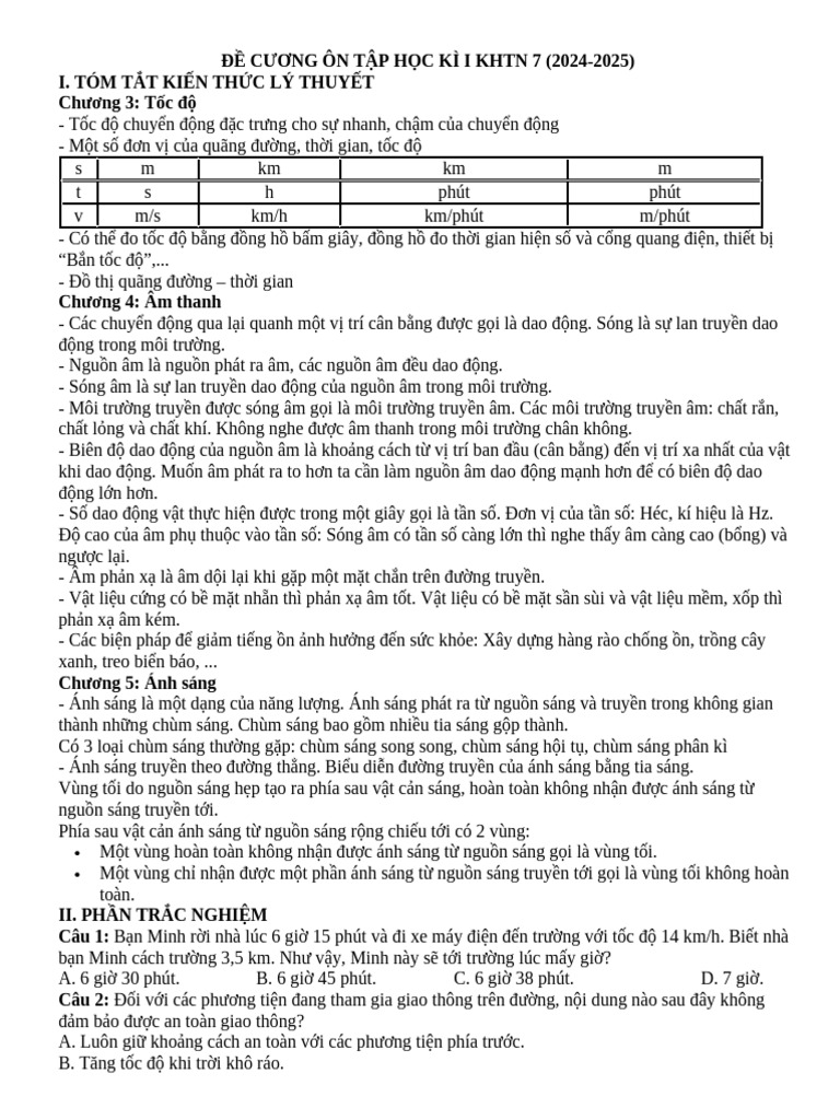 ĐỀ CƯƠNG ÔN TẬP HỌC KÌ I KHTN 7 | PDF