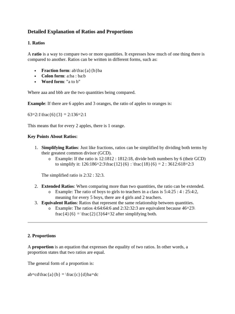 Detailed Explanation of Ratios and Proportions | PDF | Ratio | Mathematics