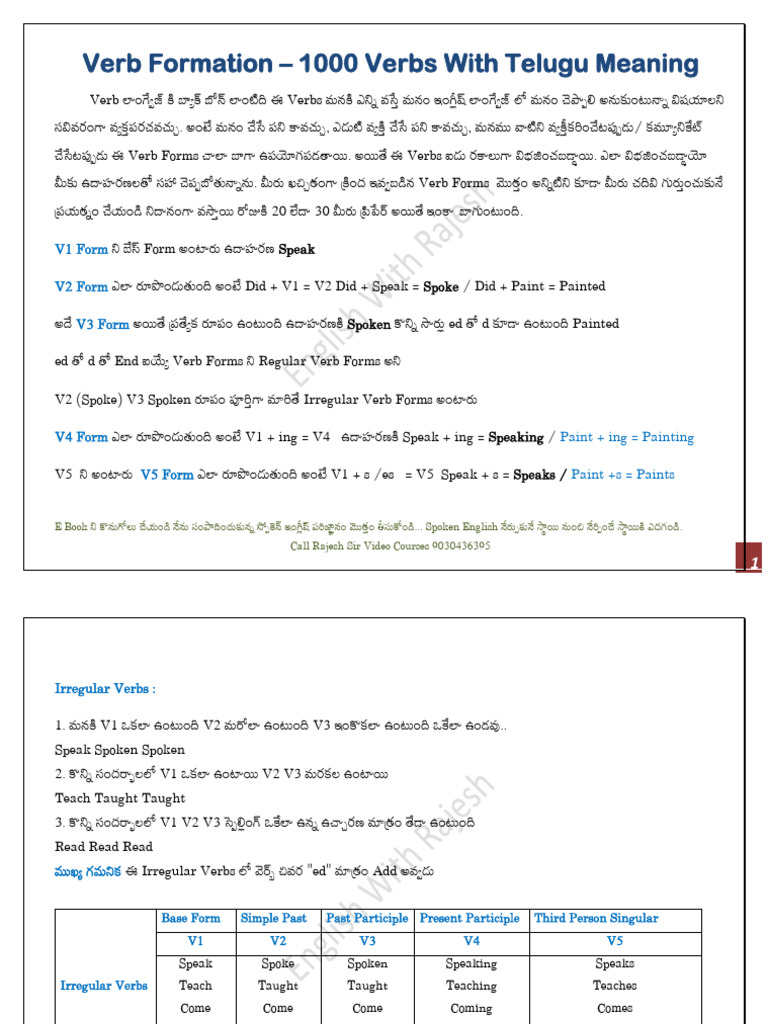 Verb Formation 1000 Verbs With Telugu Meaning: V1 Form V2 Form V3 Form ...