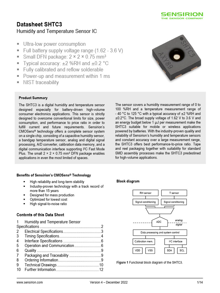Datasheet SHTC3 - T&H Sensor | PDF | Calibration | Sensor