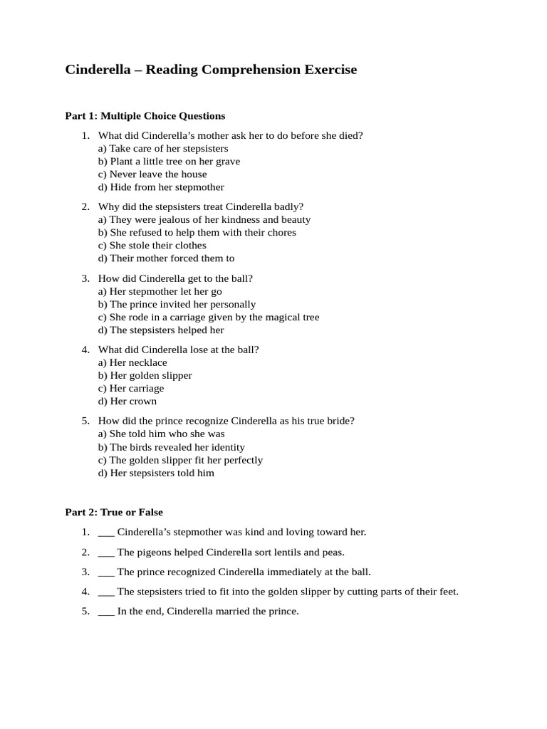 Cinderella Reading Comprehension | PDF