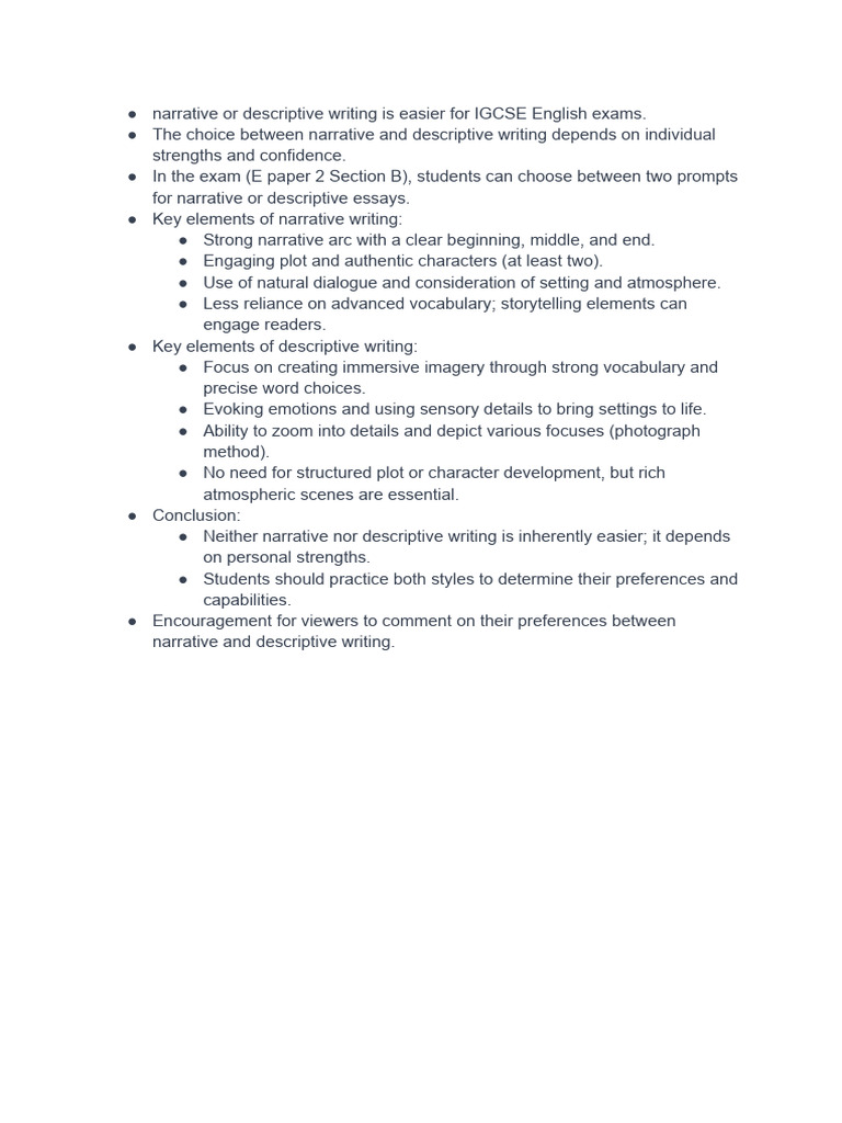 IGCSE Writing: Narrative vs. Descriptive | PDF