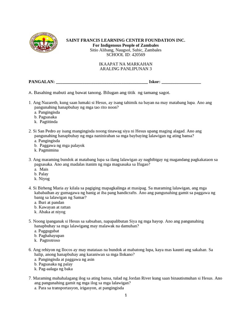 Basahing Mabuti Ang Bawat Tanong. Bilugan Ang Titik NG Tamang Sagot | PDF