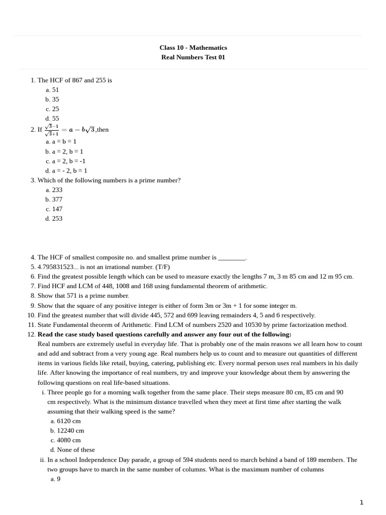 Class 10 Real Numbers Math Test | PDF | Numbers | Prime Number