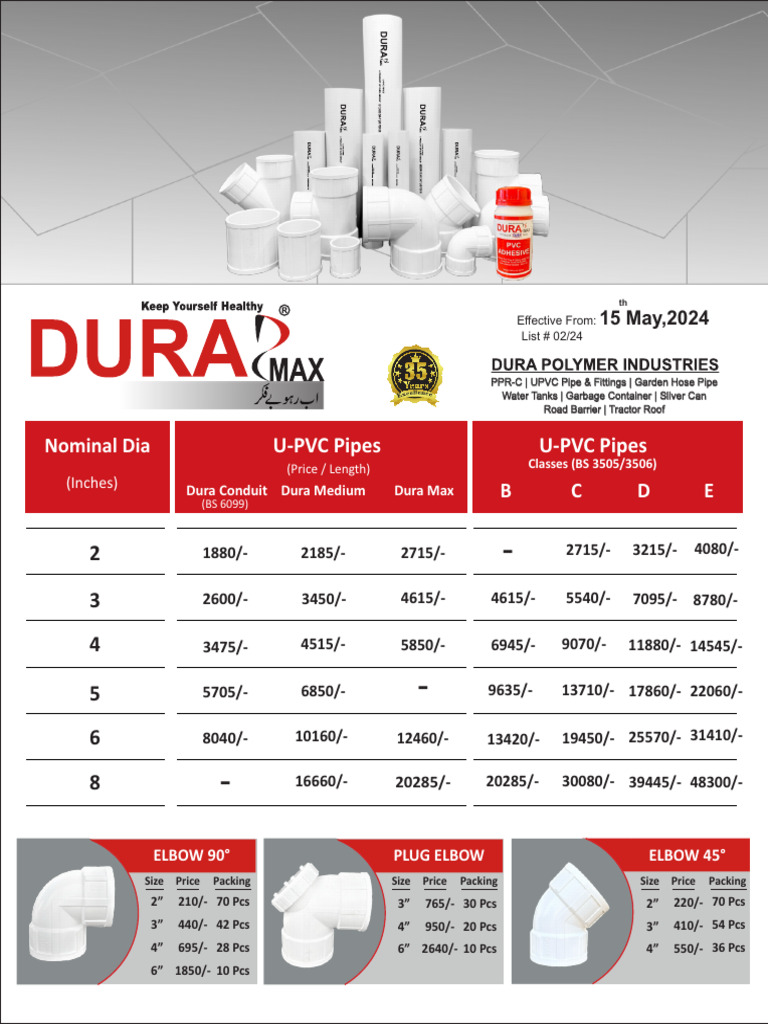 Dura Max U PVC Price List 15 05 24 | PDF | Pipe (Fluid Conveyance ...