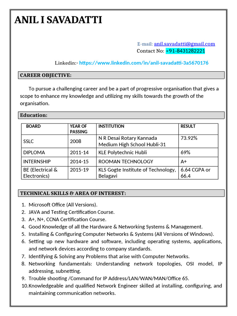 Anil Savadatti (Resume) 92 | PDF | Computer Network | Computing
