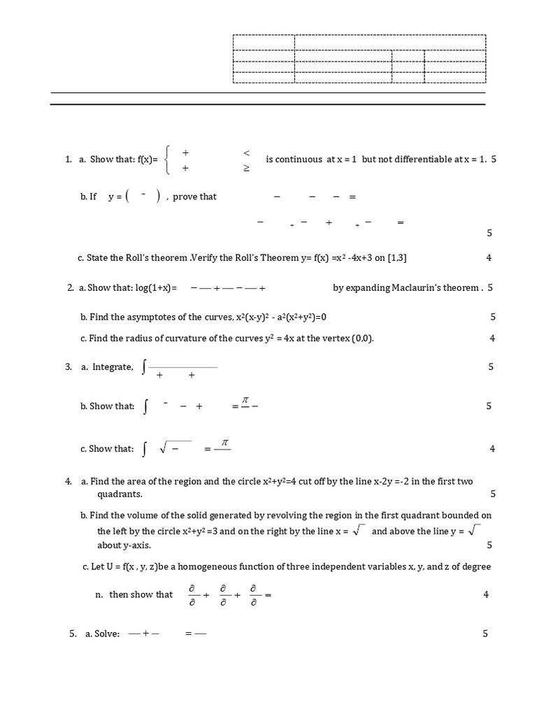 Calculus I Model Question Paper | PDF | Applied Mathematics ...