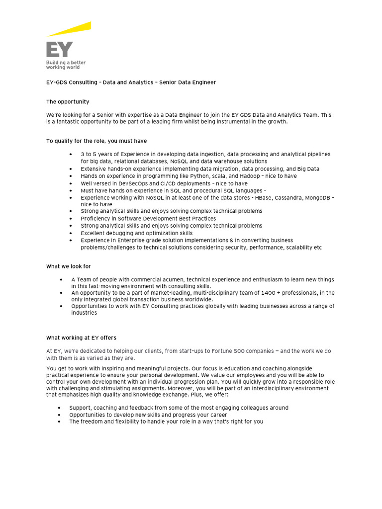 EY GDS Consulting - Senior Data Engineer | PDF | No Sql | Data Management