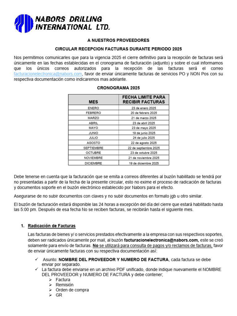 Circular Recepcion Facturacion Nabors Durante Periodo 2025 | PDF | Factura