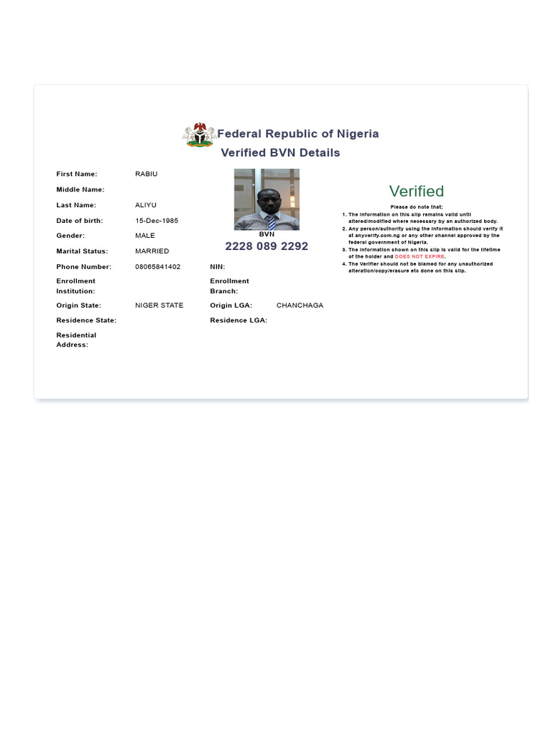 Verified BVN Details for RABIU ALIYU | PDF