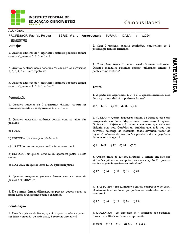 Exercícios de Matemática: Arranjos e Combinações | PDF