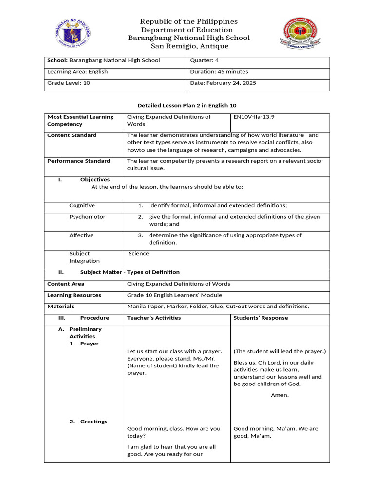 Lesson Plan: Types of Definitions G10 | PDF | Definition | Learning