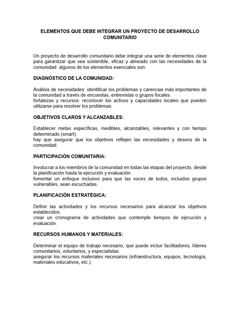 Elementos Que Debe Integrar Un Proyecto de Desarrollo Comunitario | PDF | Evaluación | Comunidad