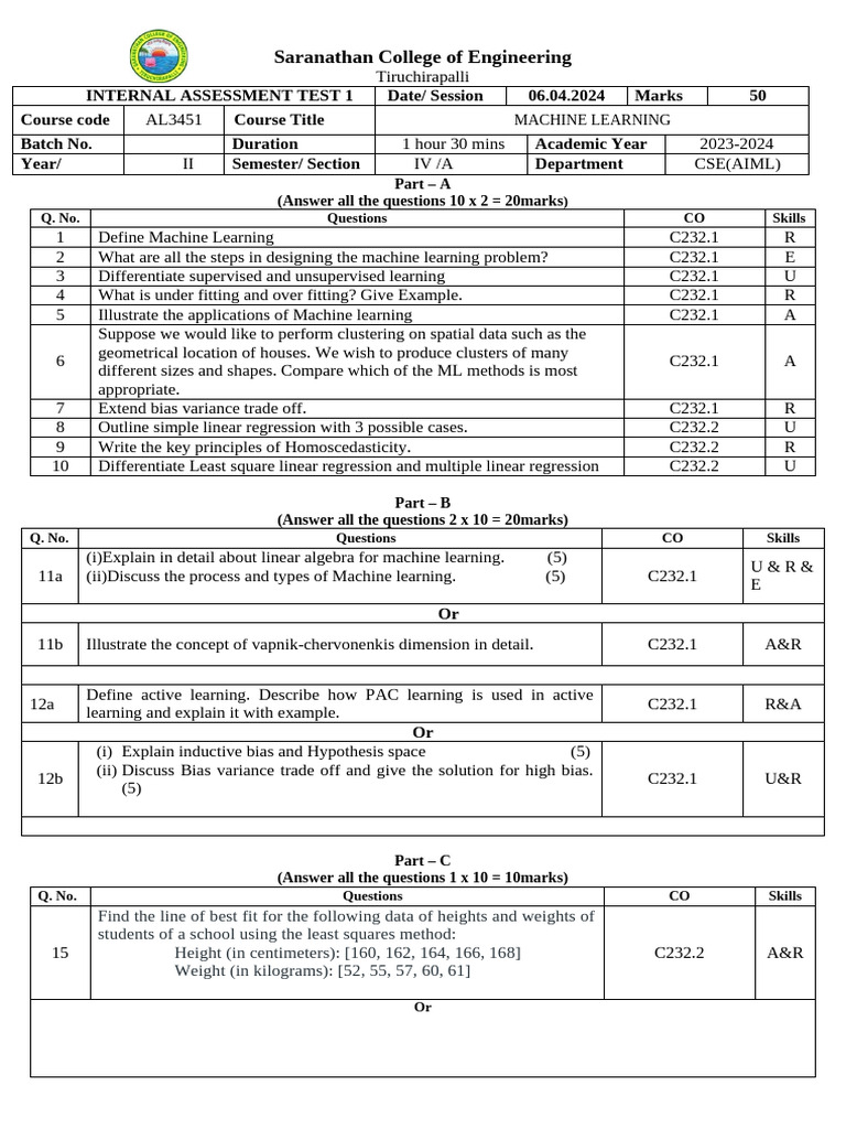 Al 3451 Machine Learning | PDF | Machine Learning | Regression Analysis
