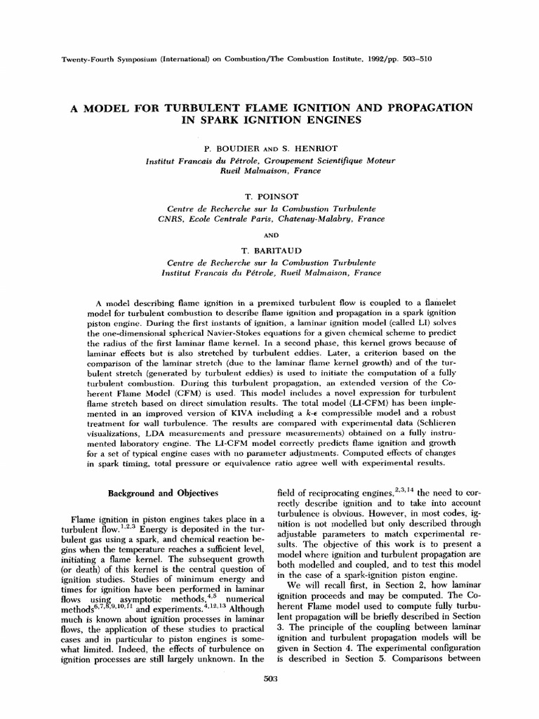 A Model For Turbulent Flame Ignition and Propagation in Spark Ignition ...