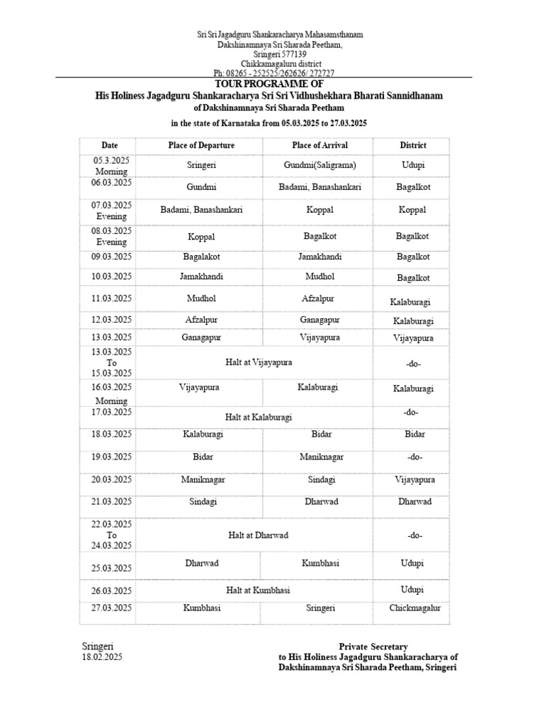 Vidhushekhara Bharati Tour 2025 | PDF