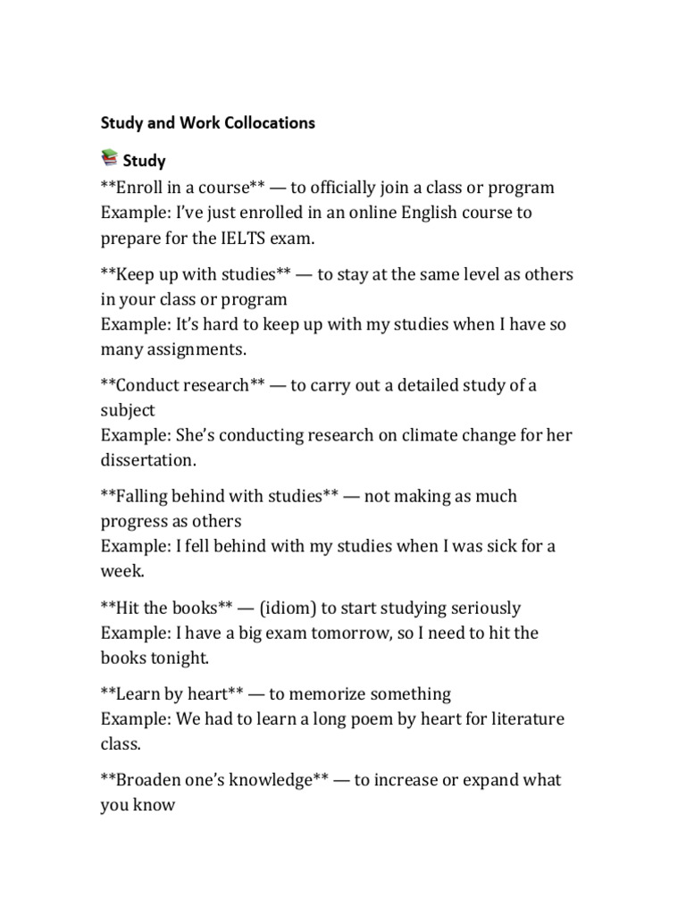 Study and Work Collocations Guide | PDF | International Student