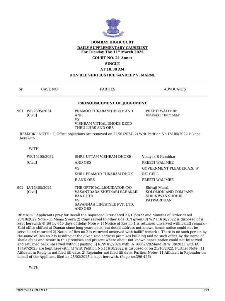 Cause List for Justice Sandeep Marne | PDF | Legal Procedure