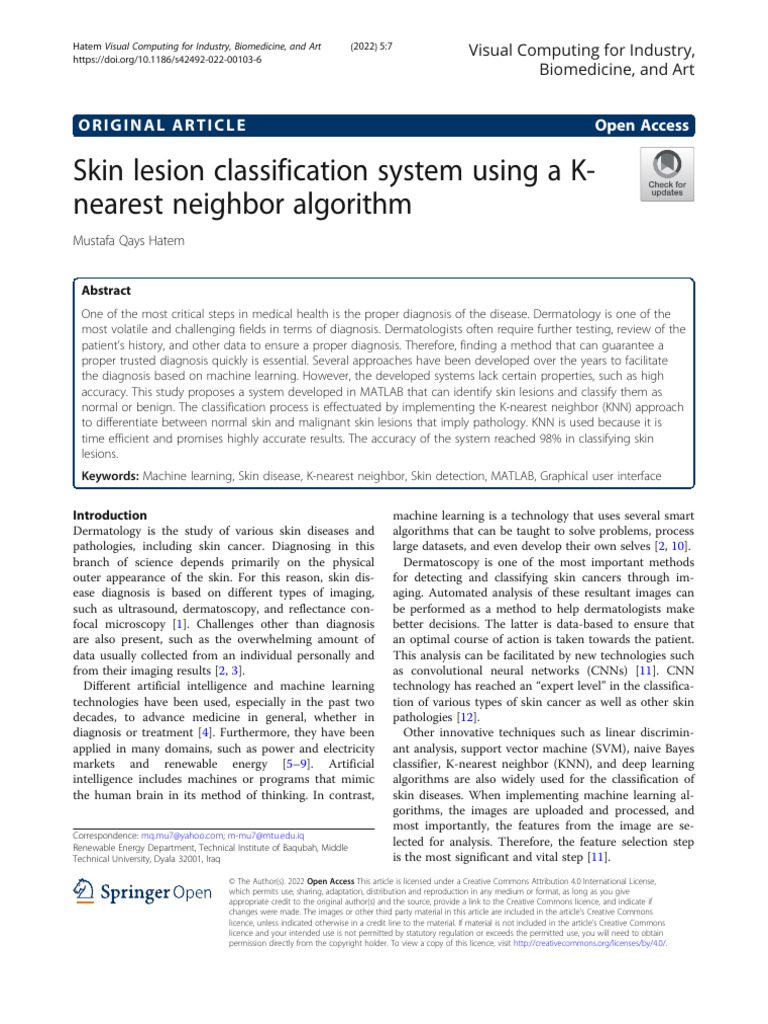 Skin lesion classification system using a Knearest neighbor algorithm | PDF | Machine Learning ...