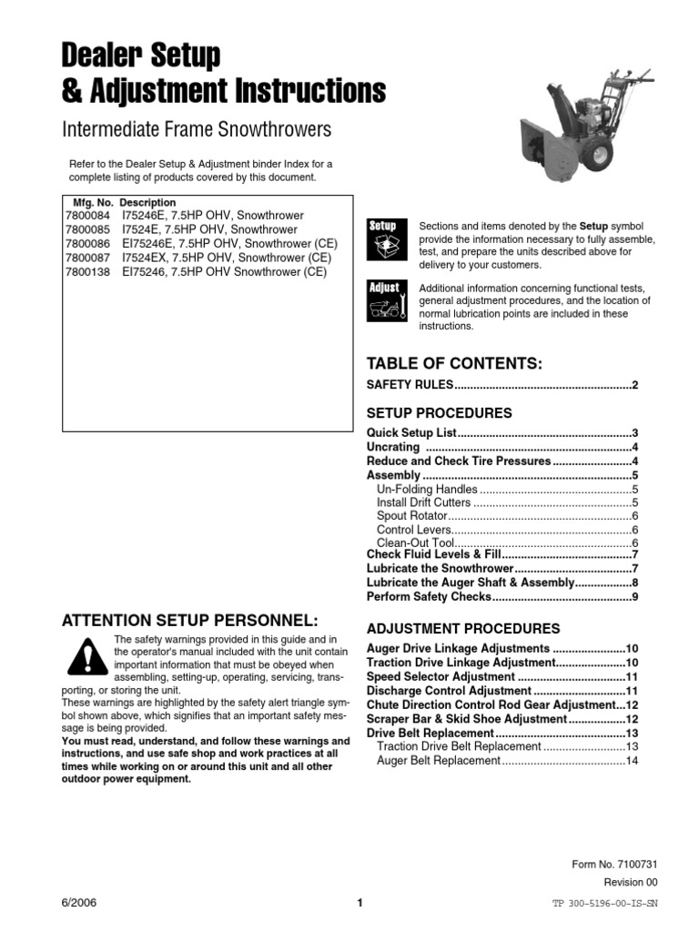 Snowthrower Dealer Setup Guide | PDF | Belt (Mechanical) | Axle