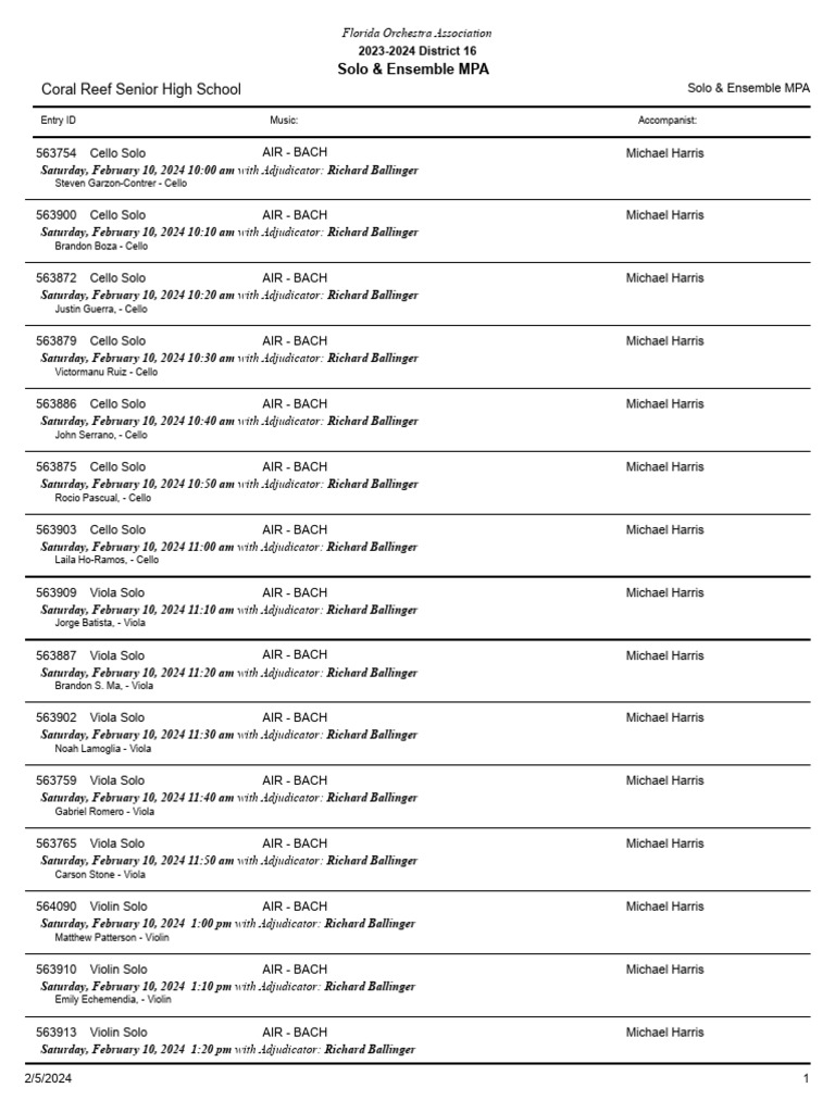 2024 Solo Ensemble Schedule | PDF | Viola | Cello