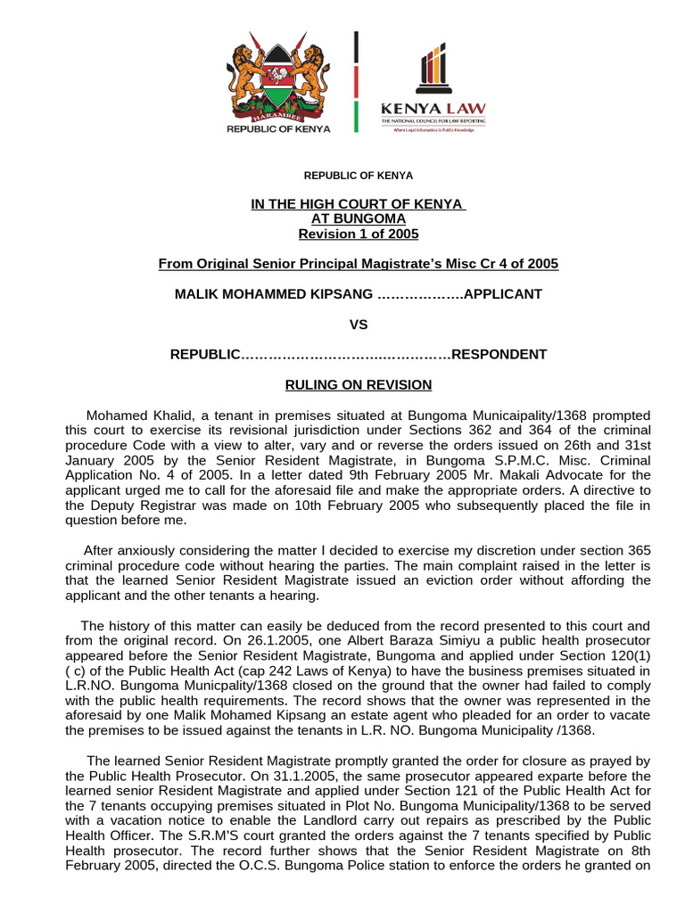 Malik Mohammed Kipsang V Republic 2005KEHC1381 (KLR) | PDF | Leasehold ...