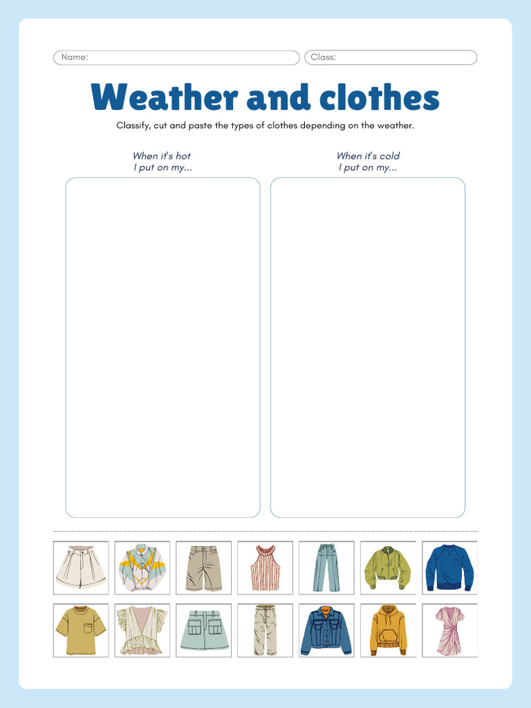 Weather and Clothes Worksheet in Blue Illustrative Style | PDF