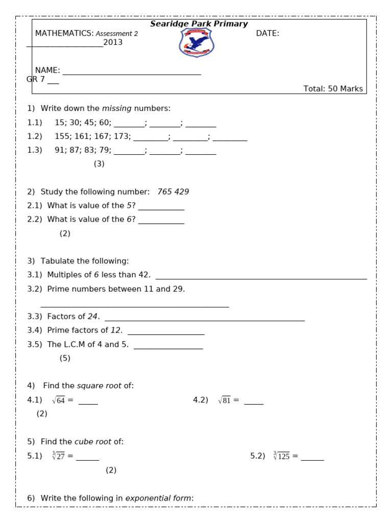 Mathematics Assessment 2 - Gr7 | PDF | Numbers | Arithmetic