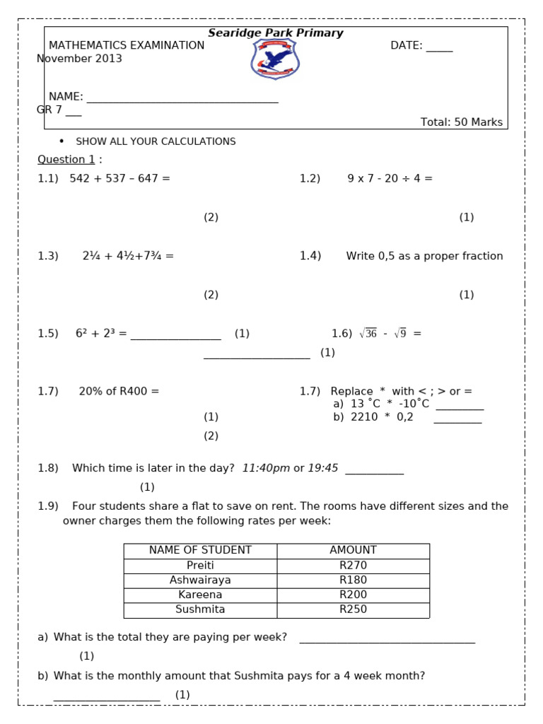 Mathematics Examination - Gr7 | PDF | Length | Volume