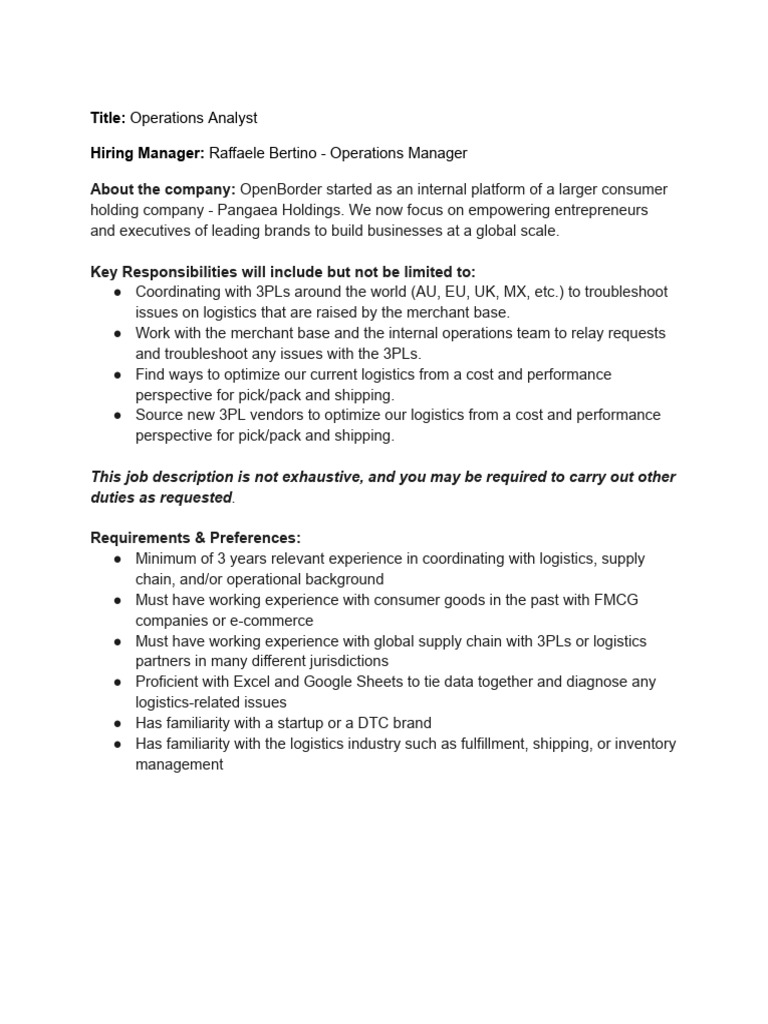 Operations Analyst Job Description | PDF
