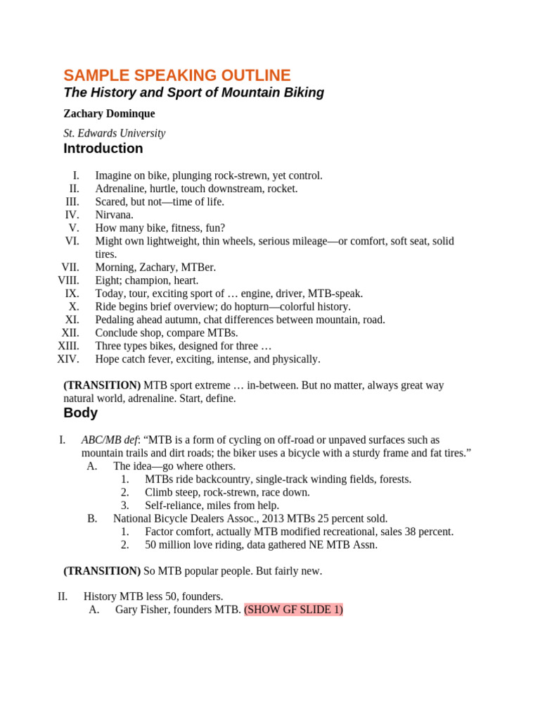 SAMPLE SPEAKING OUTLINE | PDF | Mountain Biking | Cycle Racing