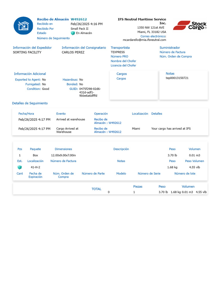Recibo de Almacén: Información Del Expedidor Información Del ...