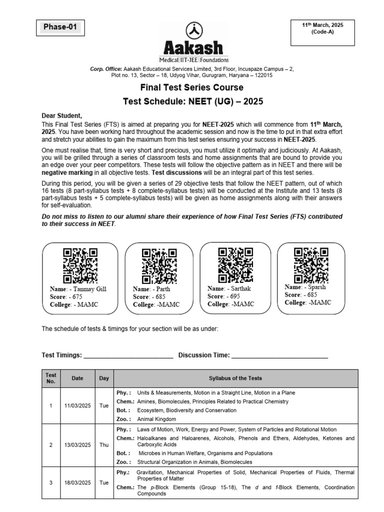 RCC-Final Test Series for NEET-2025 (721667-RM) Code-A (2) | PDF ...