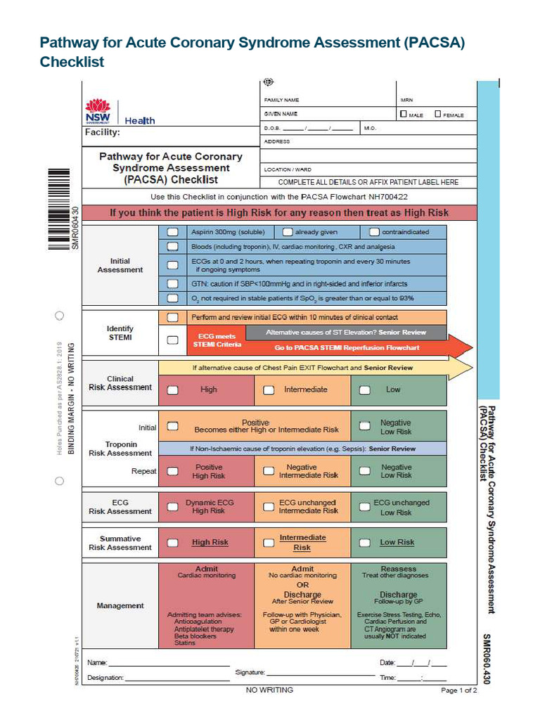 Pathway For Acute Coronary Syndrome Assessment PACSA Checklist SAMPLE 1 ...