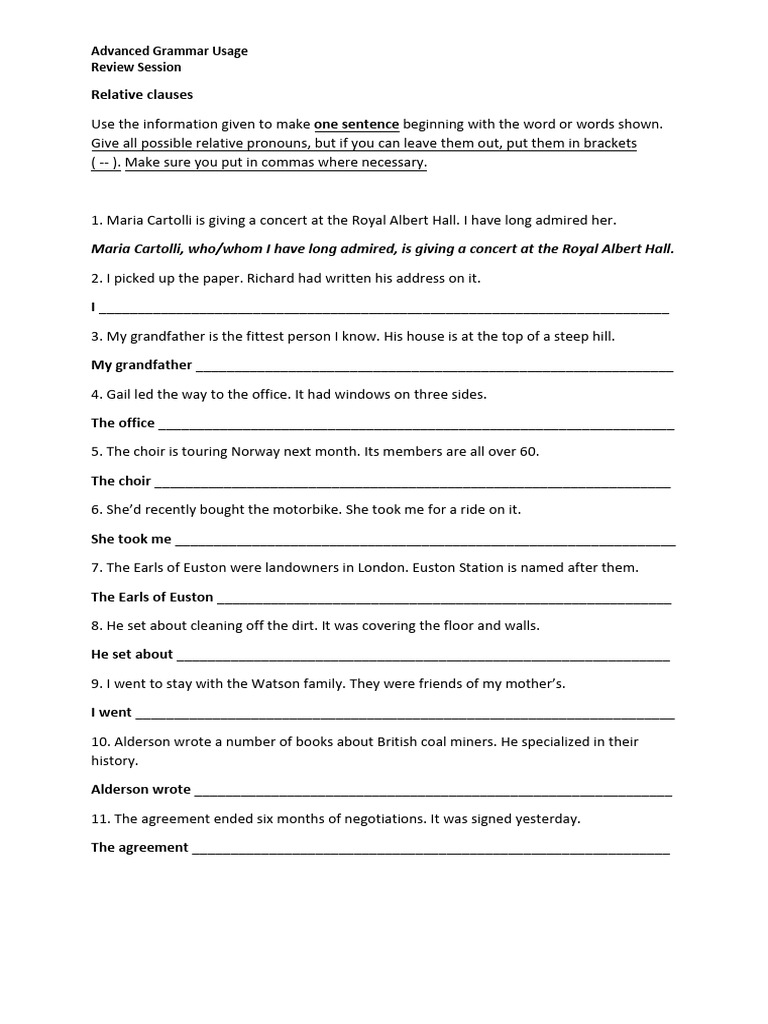 Advanced Grammar: Relative Clauses Exercises | PDF