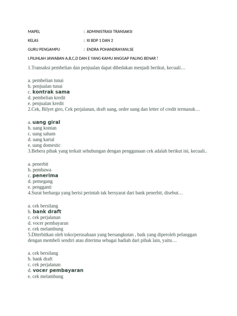 Soal at Xi Smest Genap BDP 1 Dan 2 - Endra Pohandrayani | PDF
