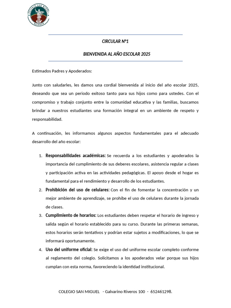 Circular N°1 Marzo 2025 Apoderados.-1 | PDF