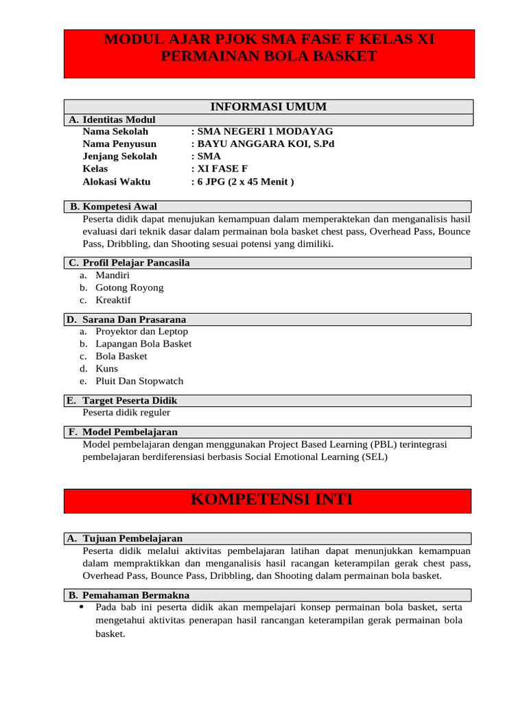 Modul Ajar Pjok Sma Fase F Kelas Xi | PDF
