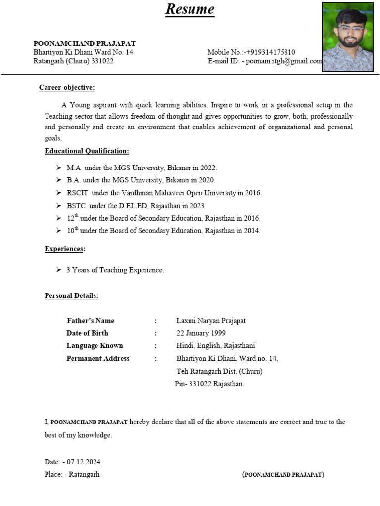 Resume Poonam Chand Prajapat | PDF
