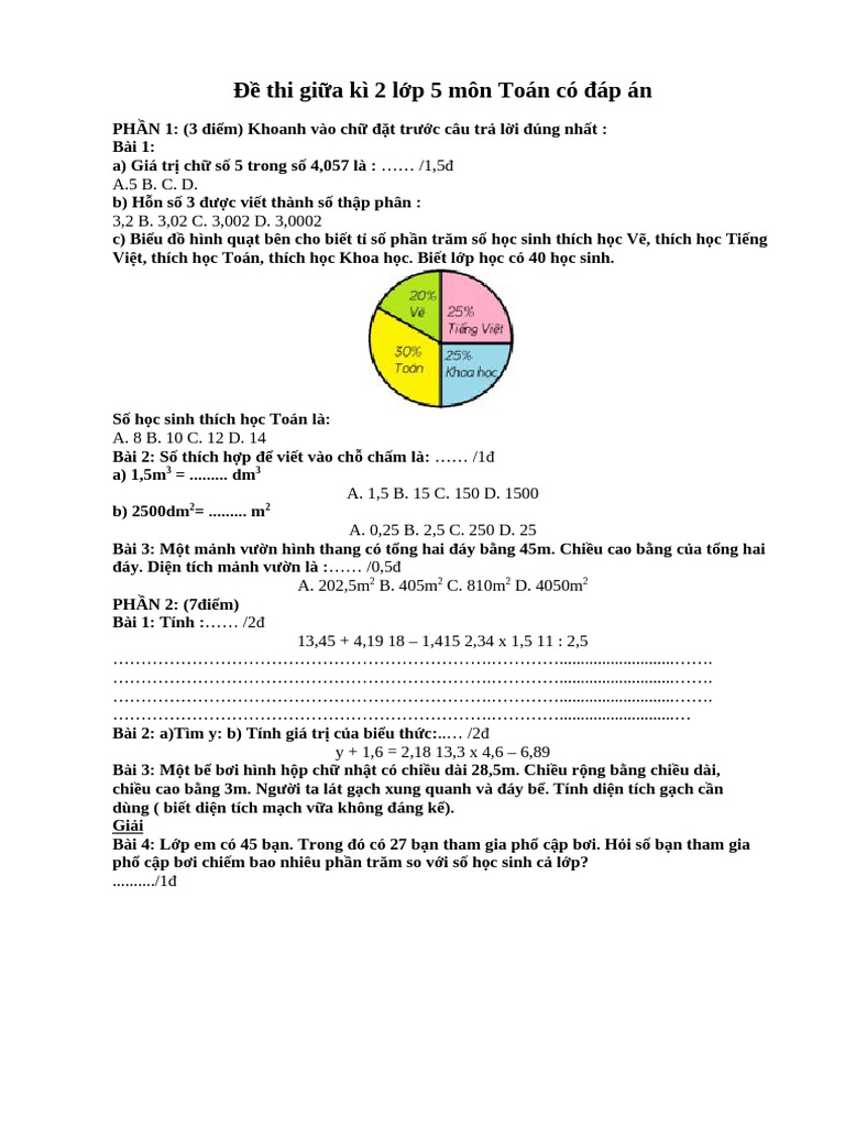 0 Đề thi GK2 Toán lớp 5 (2) | PDF