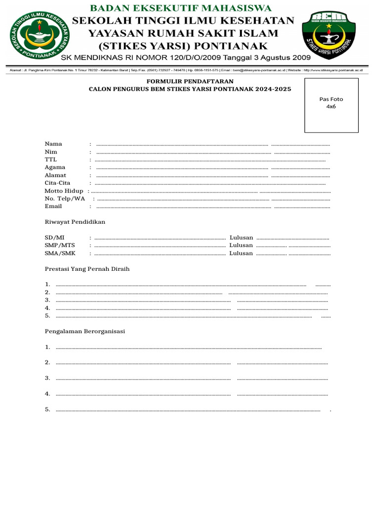 Formulir Pendaftaran BEM STIKES 2024-2025 | PDF