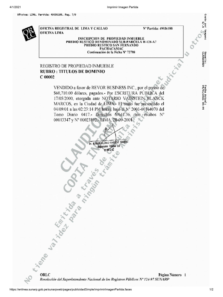 Partida 49036188 Asiento 5 Venta A Revor Business Inc. | PDF