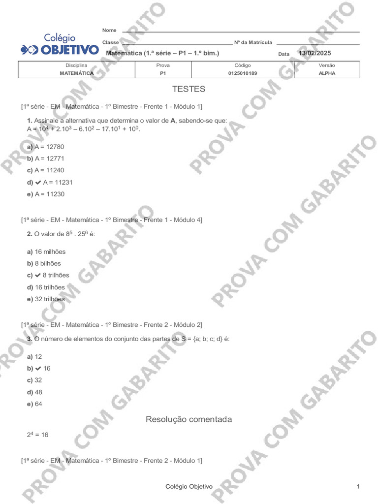 P1 1serie 130225 Resolucao Matematica Alfa | PDF | Matemática