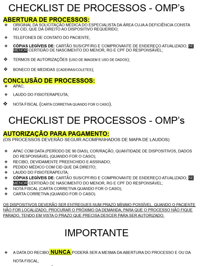 Checklist de Processos OMP: Abertura e Conclusão | PDF