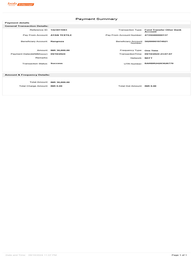 Payment Summary: 1423811083 Fund Transfer Other Bank Account Ayan Textile 47350400000137 | PDF