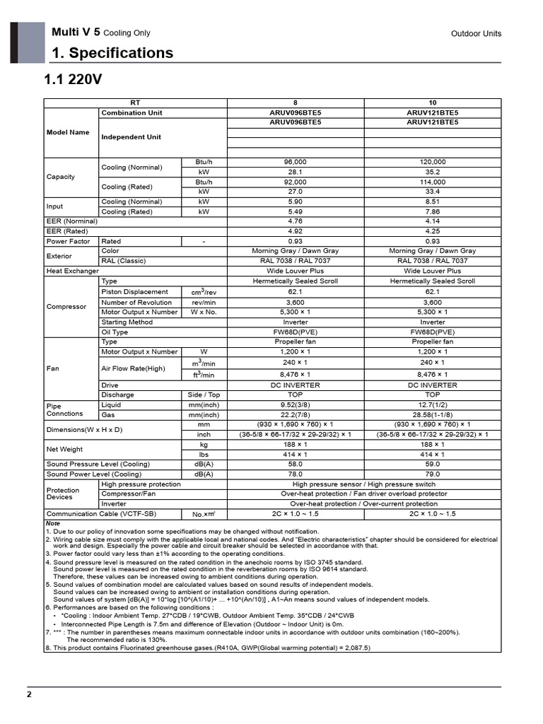 Multi V 5 Cooling Unit Specs | PDF | Air Conditioning | Manufactured Goods