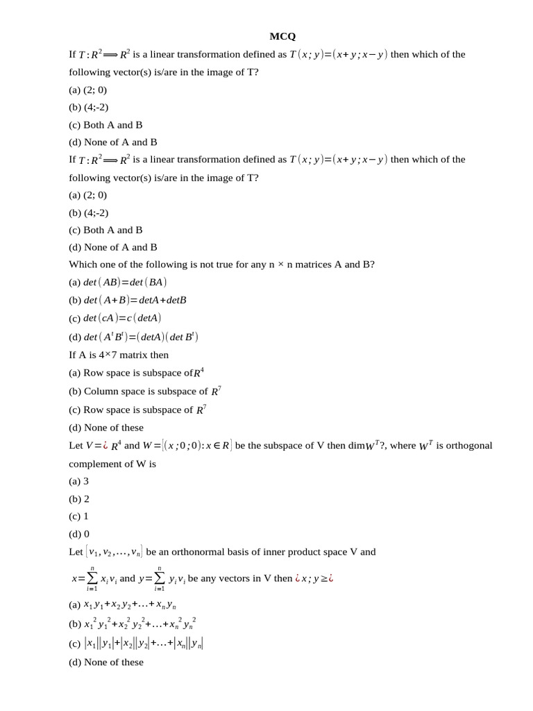 Linear Transformations and Determinants MCQs | PDF | Linear Map | Matrix (Mathematics)