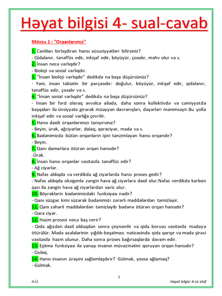 Həyat Bilgisi 4 Sual-Cavab H.Ülkər | PDF