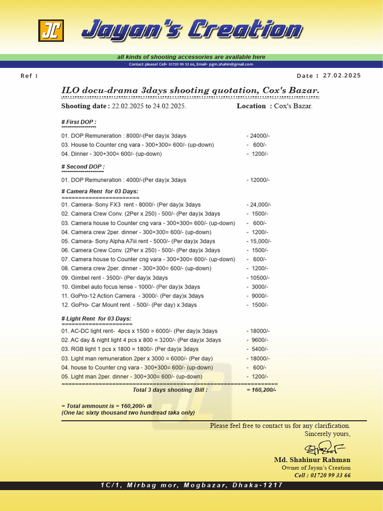 ILO 2nd Shooting Bill Final | PDF | Imaging | Equipment